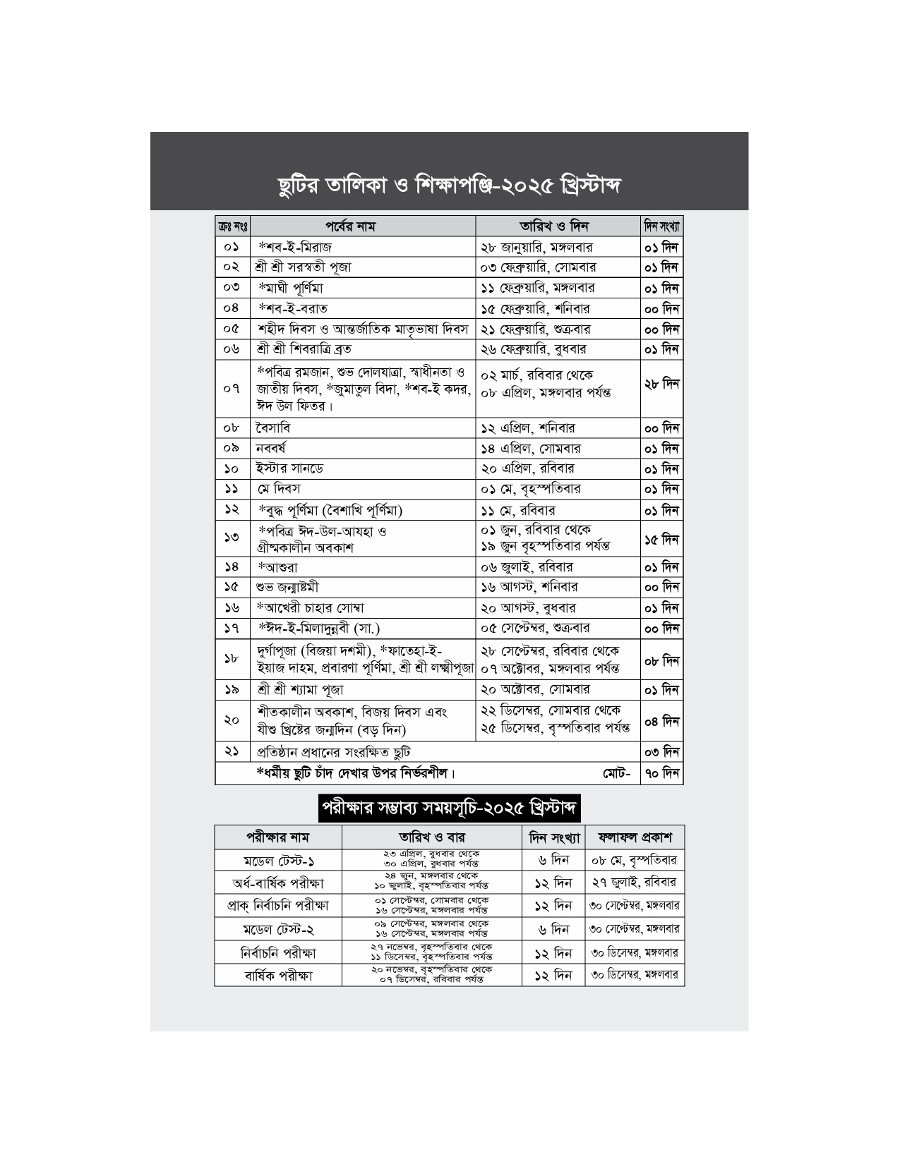 ছুটির তালিকা